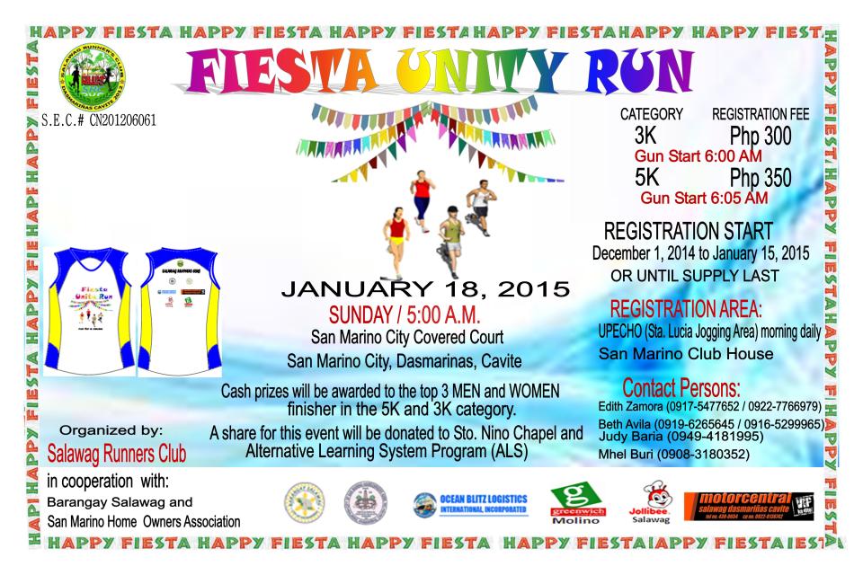 Fiesta Unity Run 2015 @ Dasmarinas Cavite | Registration, Singlet, Map ...